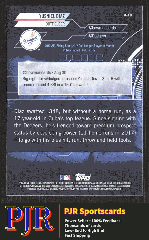 2018 Bowman ##-YD Yusniel Diaz Chrome Hashtag Trending Los Angeles ...