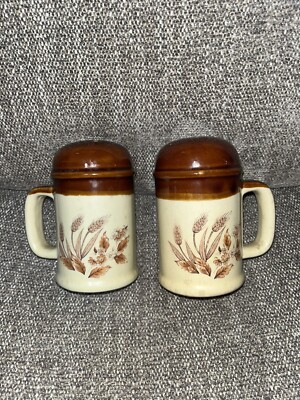 Large Vtg Brown Pecan Tan SALT & PEPPER SHAKERS w/HANDLES Ceramic ...
