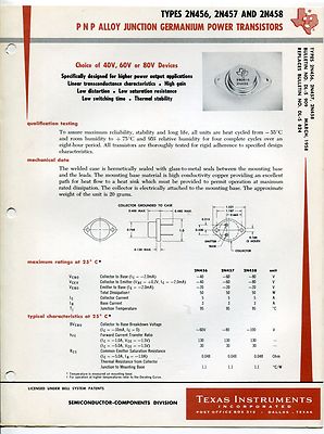 1958 Vintage TEXAS INSTRUMENTS Transistor Spec Sheet: TYPES 2N456 ...