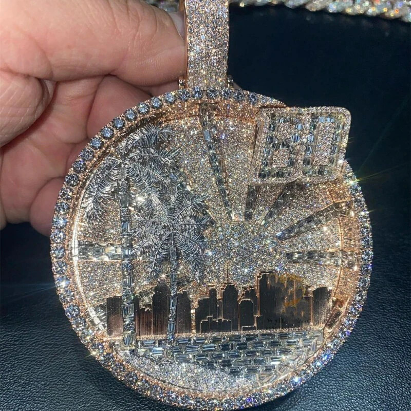 Round Moissanite Rectangular bussdown 3d Custom Pendant 925 Sterling ...