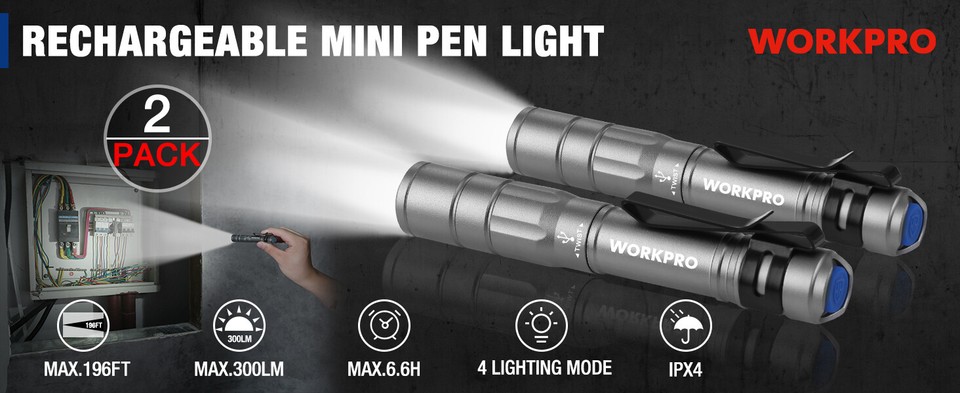 WORKPRO Rechargeable Pen Light, Mini Flashligh 2 Pack Pocket Flashlight ...