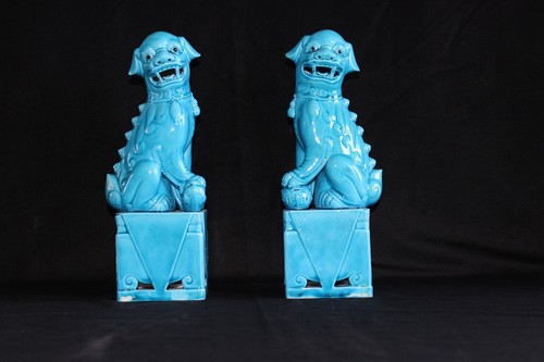 ANTIQUE CHINESE PORCELAIN TURQUOISE FOO DOGS LIONS FIGURINE SCULPTURE ...
