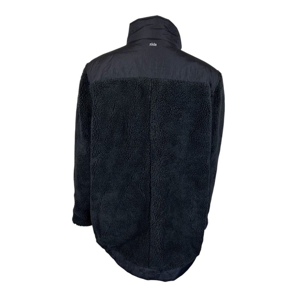 zuda Women's Long Sherpa Jacket with Woven Trims Solid Black Large Size ...