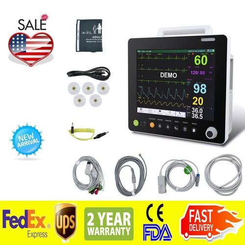 Portable-12 Inch Patient Monitor-ECG NIBP RESP TEMP SPO2 PR ICU Plug-in ...