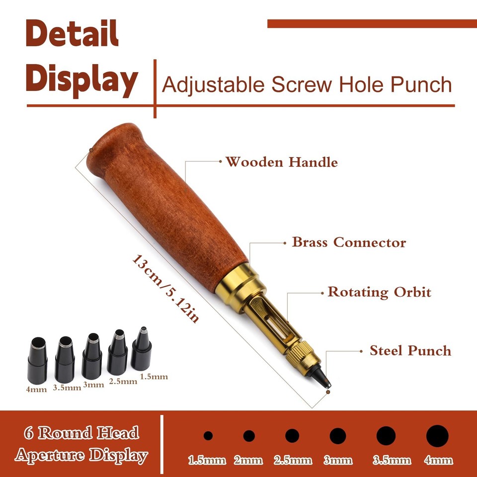 Adjustable Japanese Screw Punch Screw Hole Punch 6 Tip Sizes Leather ...