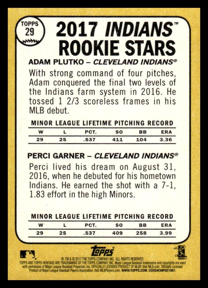 2017 Topps Heritage #29 Adam Plutko / Perci Garner RS, RC Cleveland ...