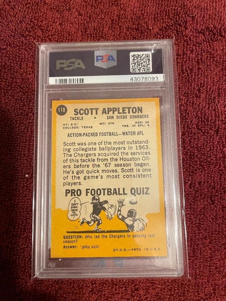 1967 TOPPS FOOTBALL CARD# 118 SCOTT APPLETON SAN DIEGO CHARGERS PSA 8 ...