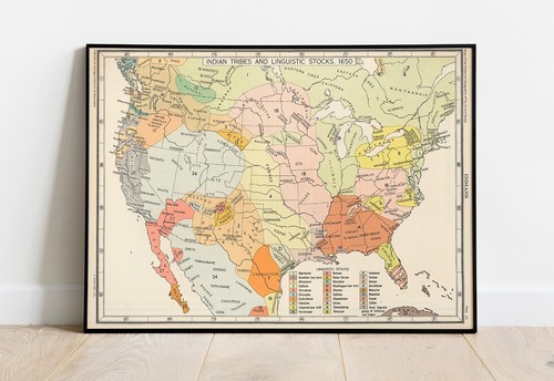 1650 US Map Indian Tribes Language Stocks Native American Historical ...