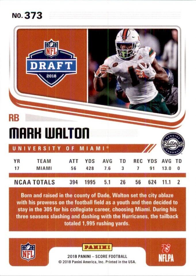 2018 Panini Score FB Mark Walton Rookie #373 | eBay