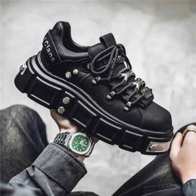 Fashion Men Leather Shoes Walking Thick Soled Punk Trendy Youth Clunky ...