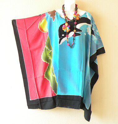 KB336 Dolphin Hand Painted Plus Kaftan Poncho Tunic Women Blouse Top up ...