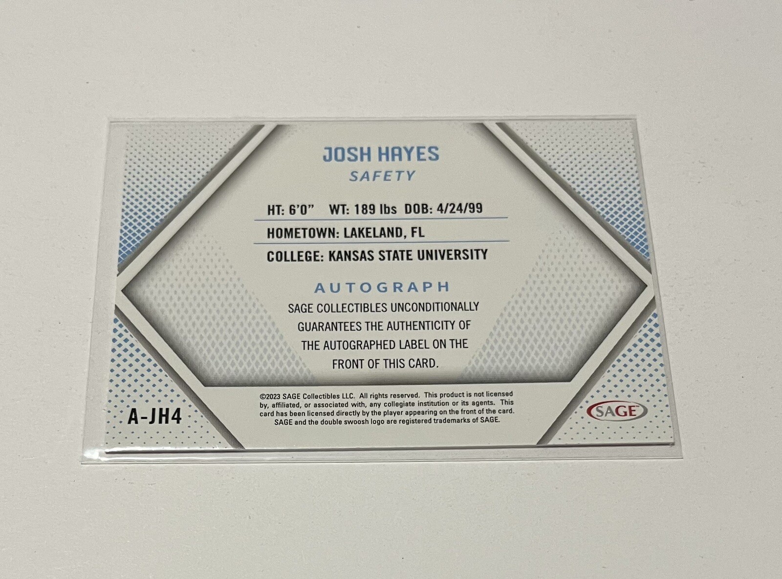 Josh Hayes Rookie 2023 SAGE Autograph Red #A-JH4 Auto RC Wildcats ...