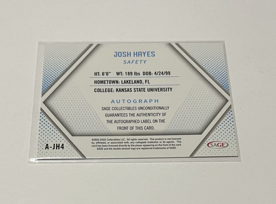 Josh Hayes Rookie 2023 SAGE Autograph Red #A-JH4 Auto RC Wildcats ...