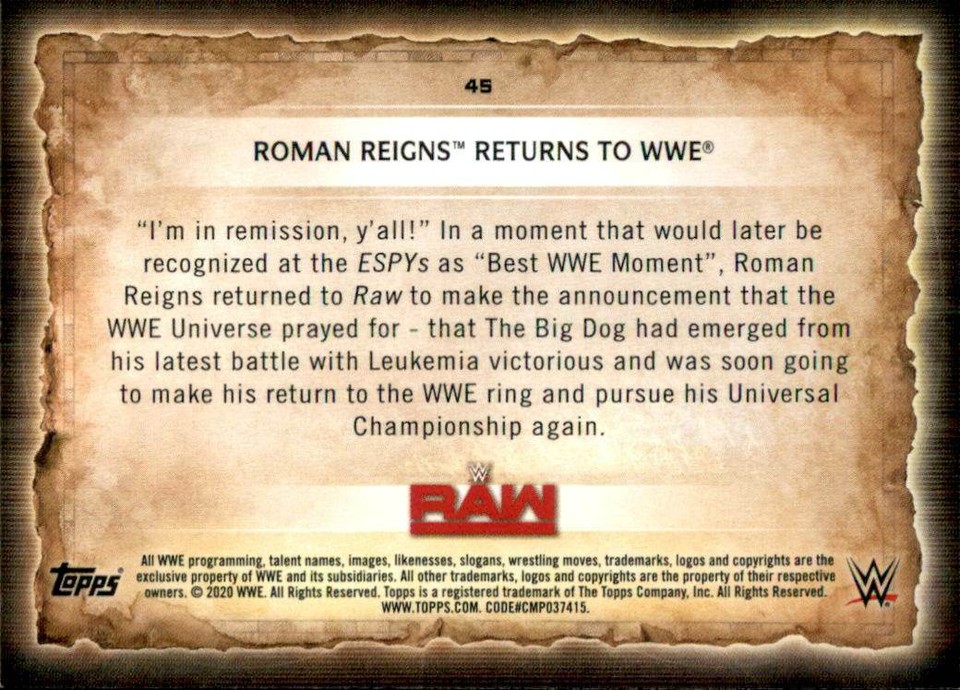 2020 Topps WWE Road to Wrestlemania #45 Roman Reigns Returns to WWE | eBay