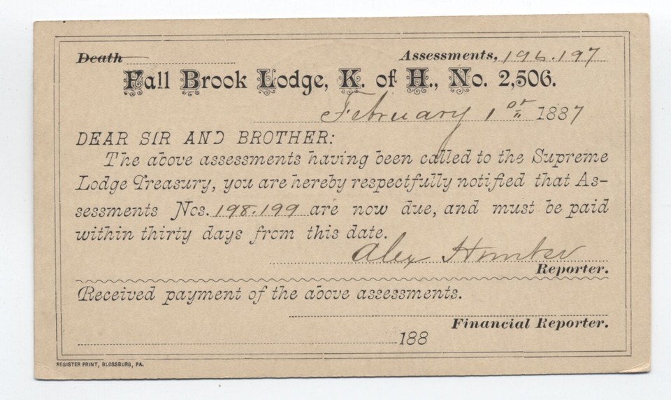 1887 Fall Brook PA county name postmark on postal card [S.4343] | eBay