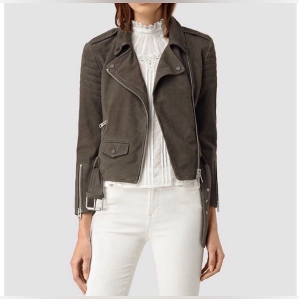 All Saints Hitchen Leather Biker Jacket in Graphite Brown Womens Size ...
