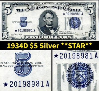 HGR SUNDAY 1934D $5 Silver Certificate ***STAR*** Appears Very Near ...