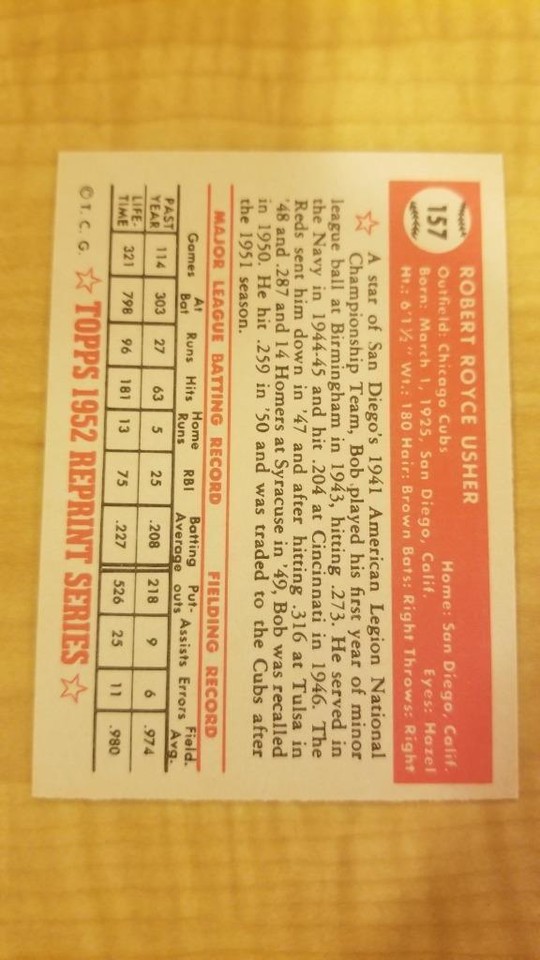 BOB USHER 1952 Topps Reprint #157 BUY ANY 2 ITEMS FOR 50% OFF ...