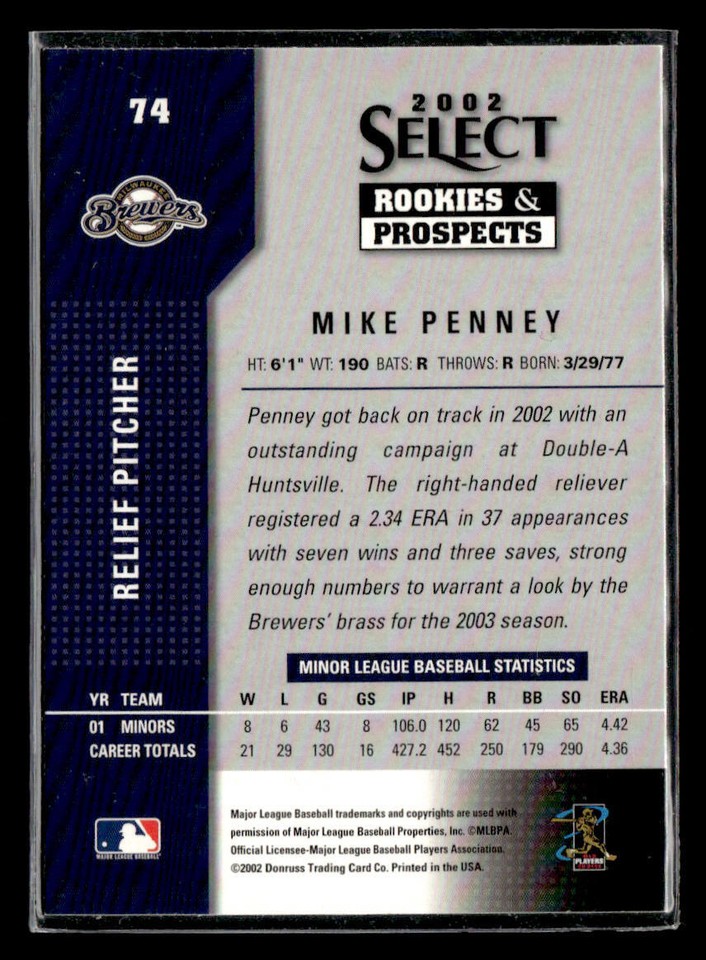 2002 Select Rookies & Prospects #74 Mike Penney auto card Milwaukee ...