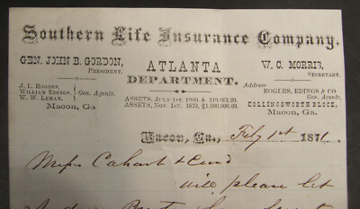ANTIQUE 1871 LETTERHEAD SOUTHERN LIFE INSURANCE CO ATLANTA & MACON ...