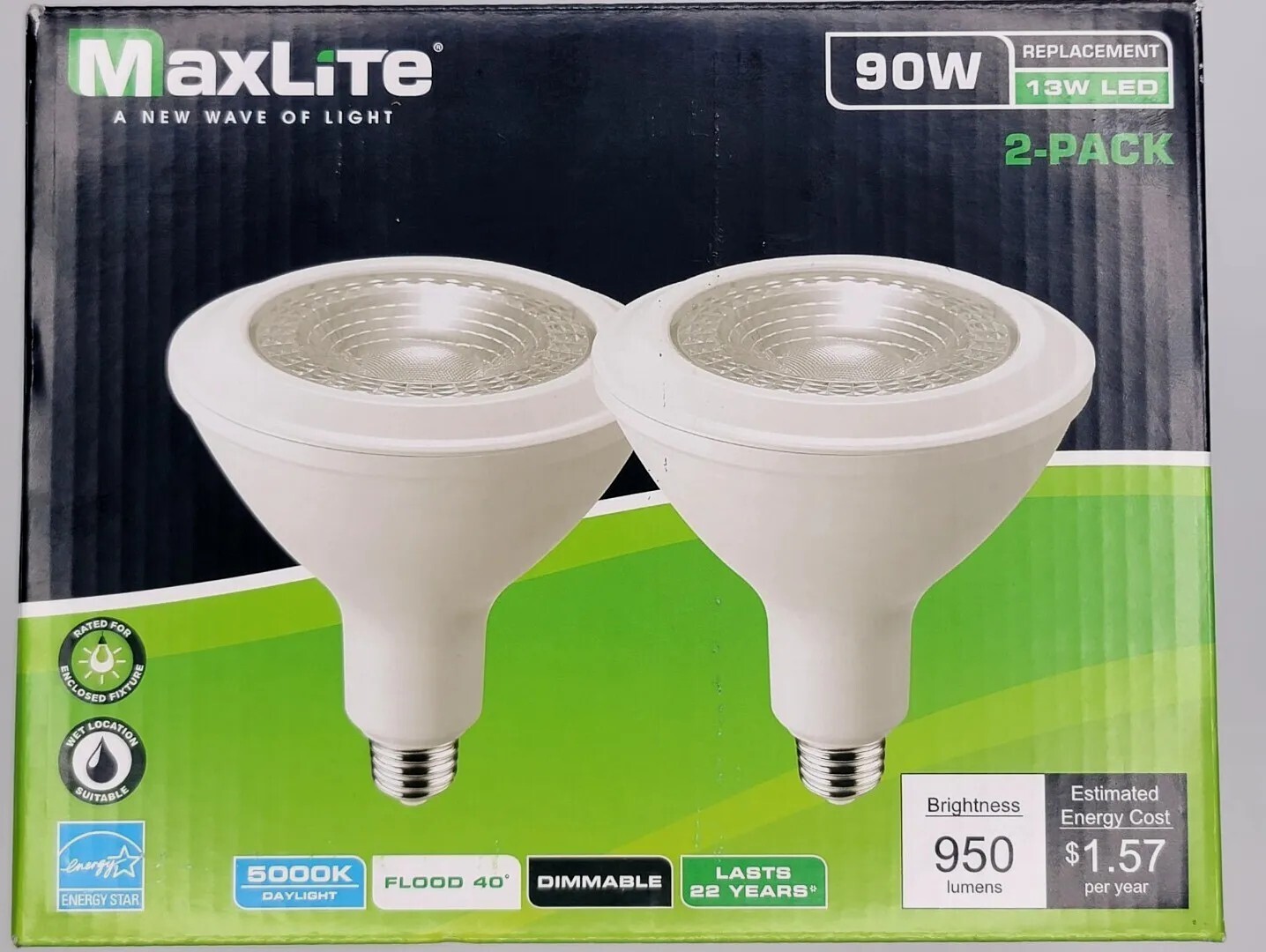 2 Pack MaxLite 13W LED Dimmable 90W Replacement 5000K Flood Light ...