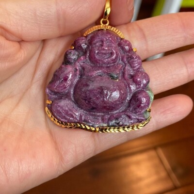 14K Real Gold Buddhist Carving Laughing Buddha Natural Ruby Pendant ...