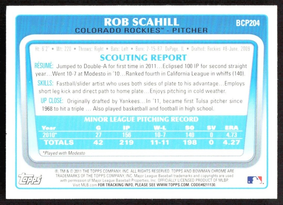 2011 3472B Bowman Chrome Prospects Green X-Fractors Rob Scahill ...