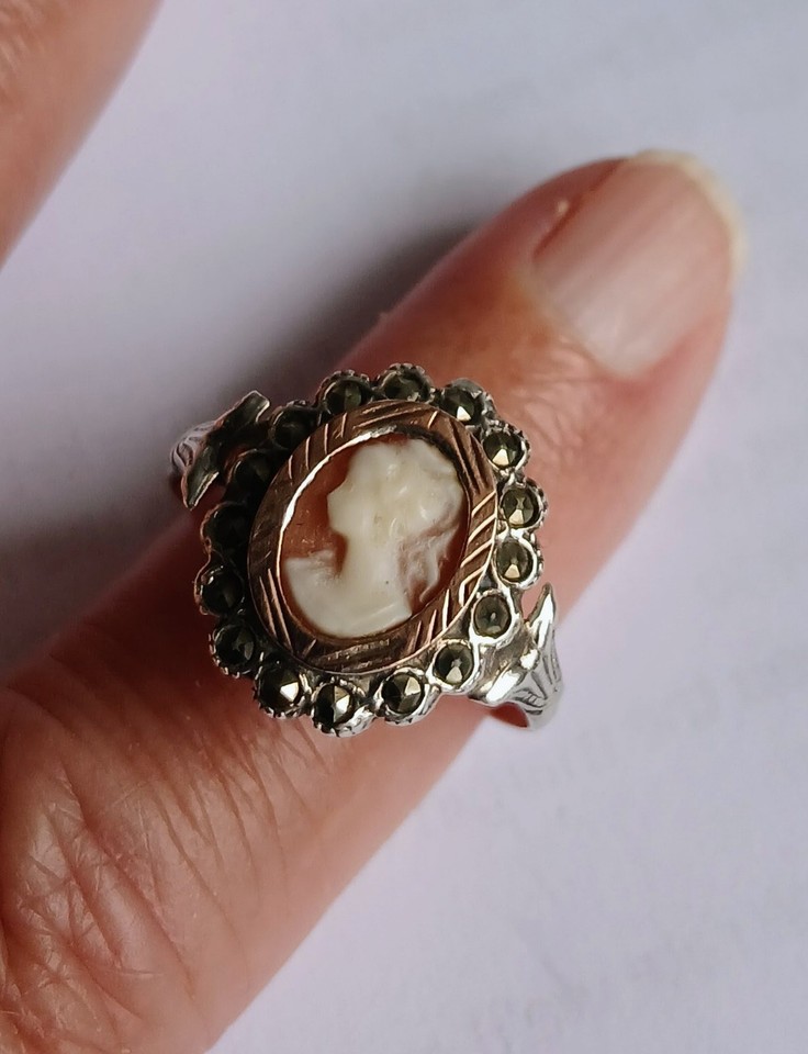 Silver Marcasite and Cameo Vintage Ring | eBay UK