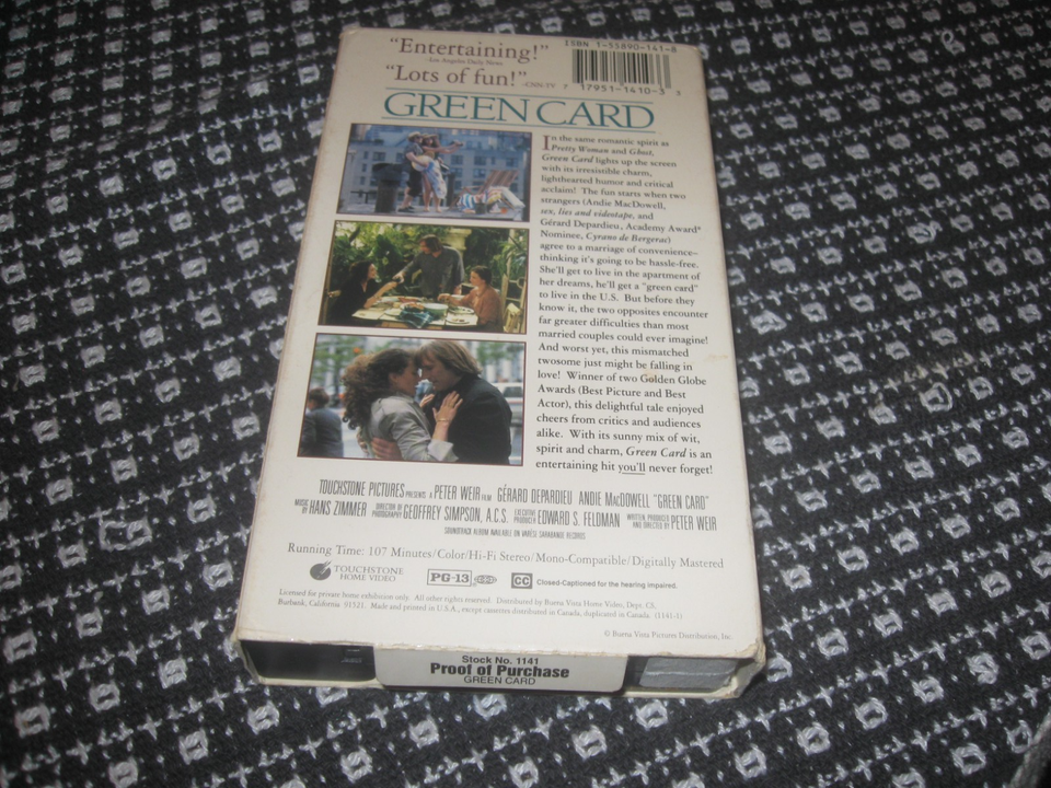 Green Card (VHS, 1991) Rated PG-13 / Gerard Depardieu, Andie MacDowell ...