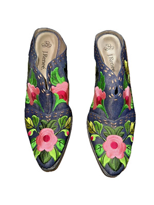 J Renee Blue Denim Mules Clogs Shoes with Floral Embroidery Size 9 M | eBay