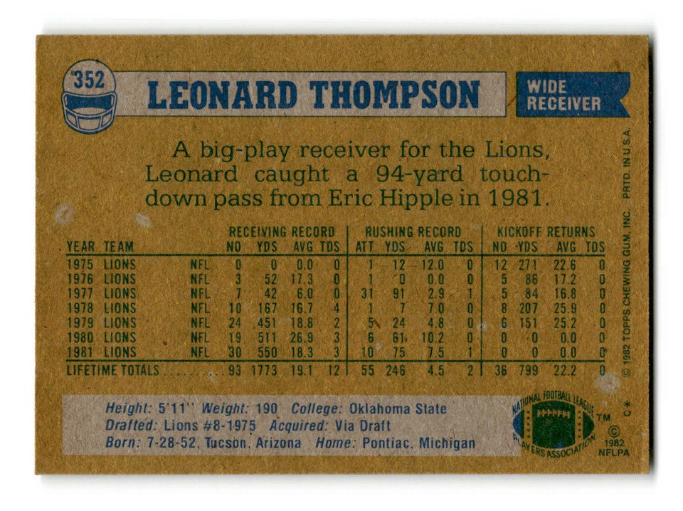 1982 Topps Leonard Thompson #352 Detroit Lions | eBay