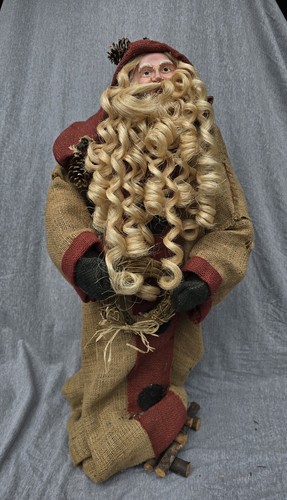 Rustic Vintage Santa Claus, Burlap robe, Hand-painted face, Wooden ...