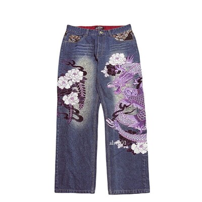 Mens Jeans Japanese Pattern Embroidery Dragon Carp Koi Fish Straight ...