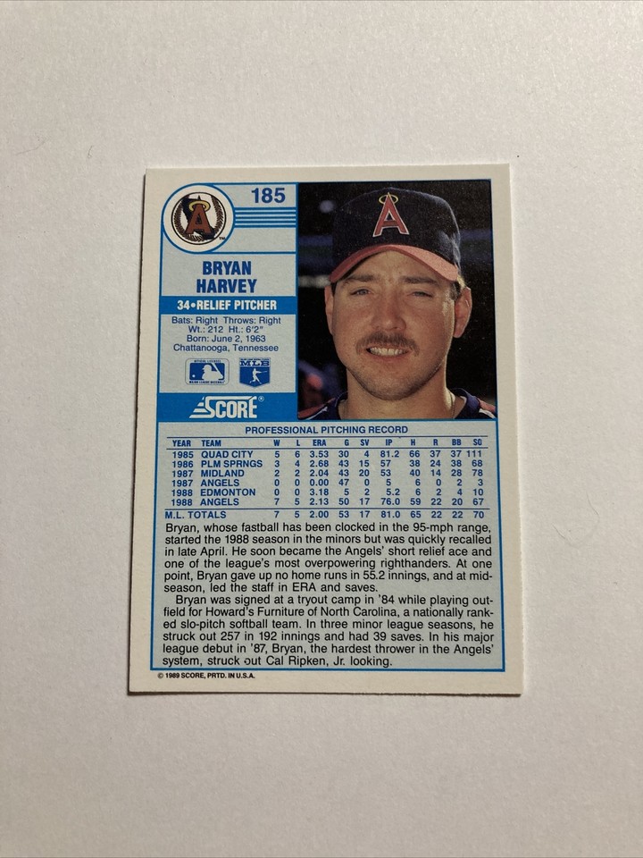 1989 Score Baseball #185 Bryan Harvey Angels Relief Pitcher | eBay