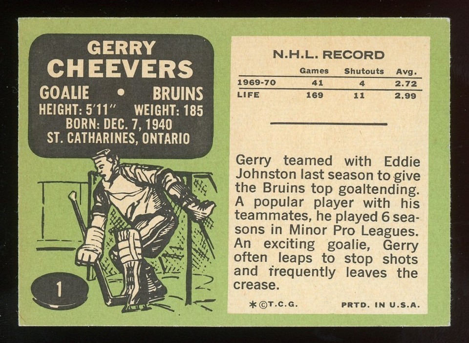 1970-71 TOPPS HOCKEY NHL #1 Gerry Cheevers HOF EX-NM BOSTON BRUINS Card ...