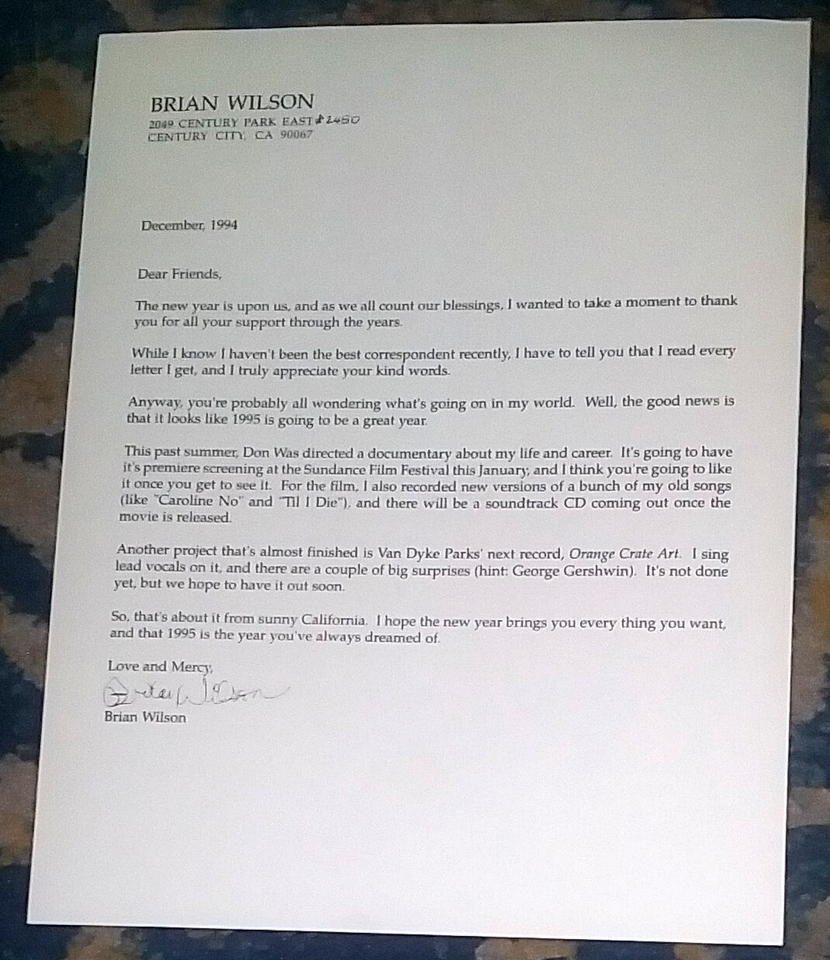 1994 BRIAN WILSON HOLIDAY LETTER TO FANS w/SIGNED 8 X 10 PHOTO + Posted ...