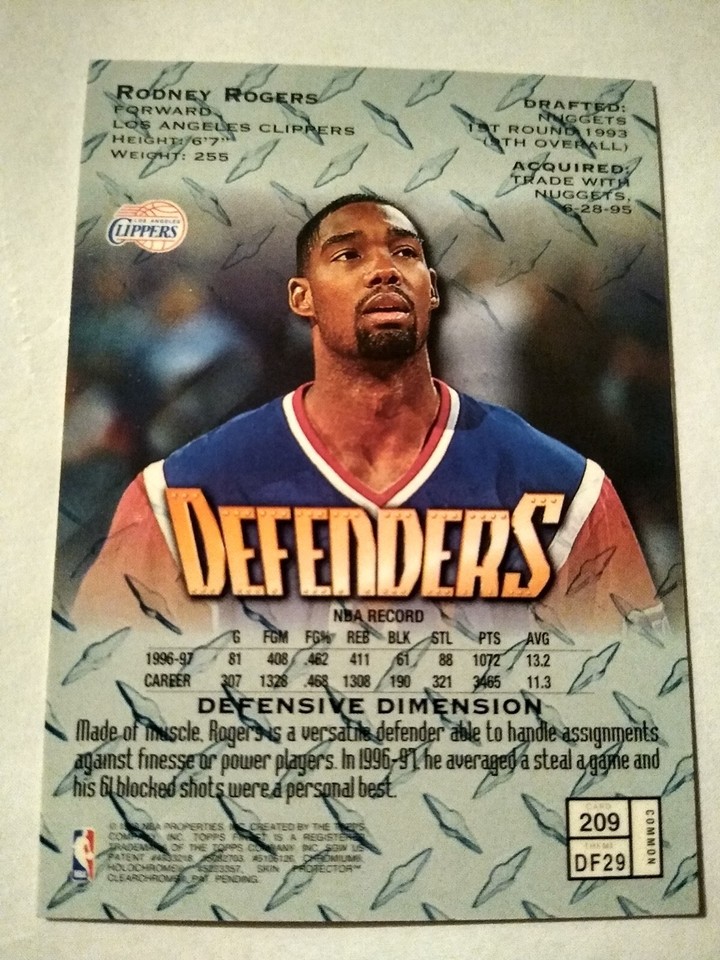 1997-98 RODNEY ROGERS TOPPS FINEST DEFENDERS NBA CARD #209 LA CLIPPERS ...