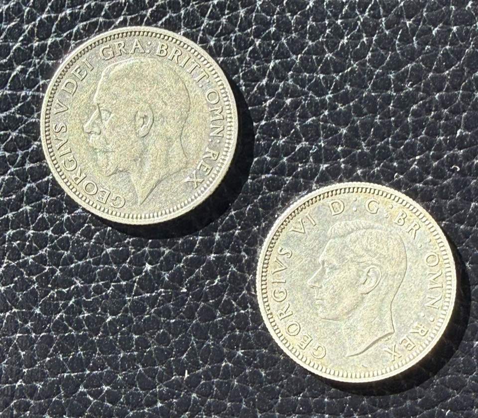 British Coins (2) -1928 & 1939 One Shilling-50% silver-Free Ship-Nice ...