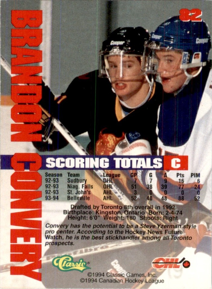 1994-95 Classic Hockey Brandon Convery Toronto Maple Leafs #82 | eBay