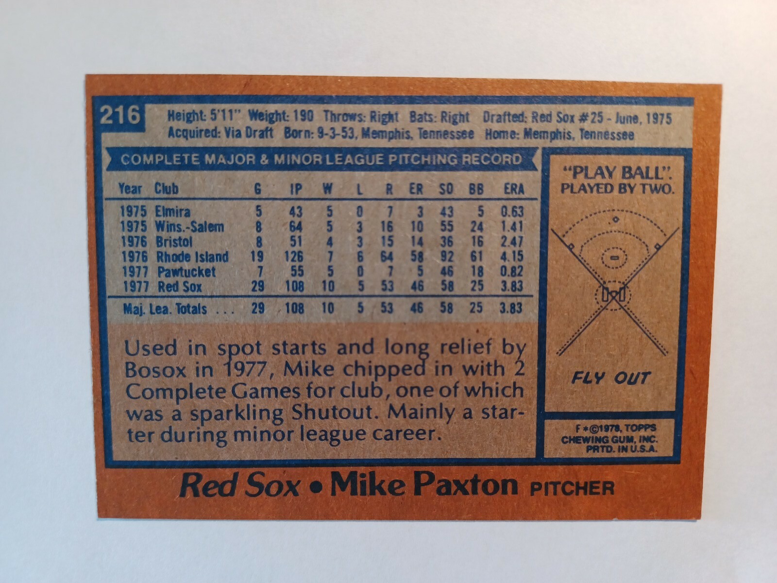 MIKE PAXTON 1978 Topps # 216 autographed signed baseball card RED SOX ...