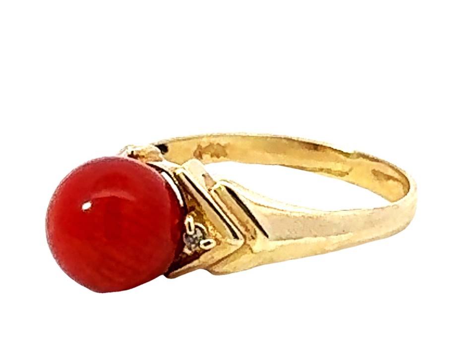 Red Aka Coral Sphere and Diamond Ring 14k Yellow Gold | eBay