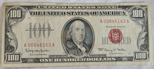 1966 $100 Red Seal United States Note Hundred Dollar Bill A Block ...