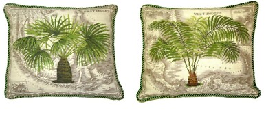 Pair of Needlepoint Throw Pillows Palm Tree Wool Cushion with Cording ...
