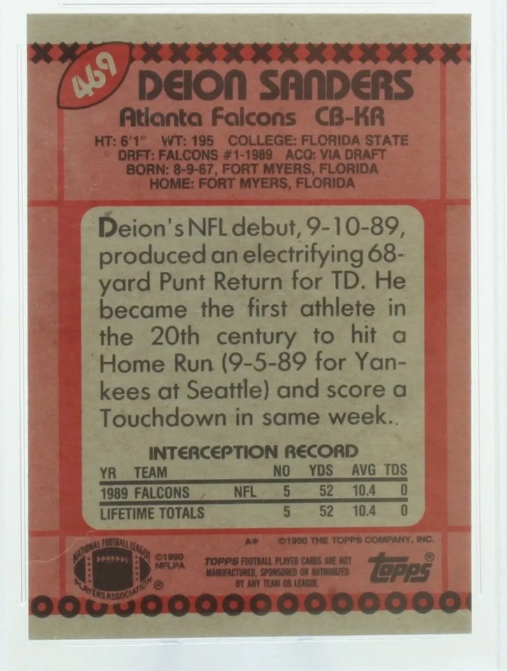 1990 Topps #469 Deion Sanders Falcons Super Rookie Card, Excellent ...