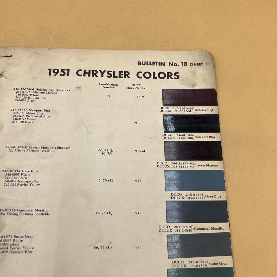 1951 ‘51 Chrysler Exterior Color Paint Chip Sample Chart - DuPont ...