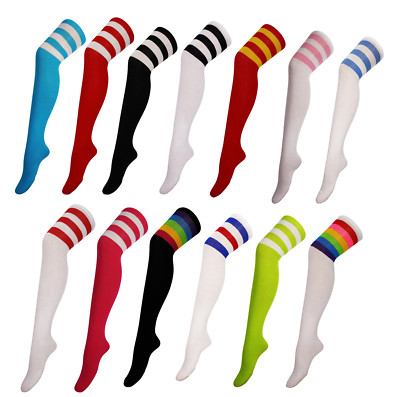 CHEERLEADER FOOTBALL STRIPED Over Knee High Stripe Socks Ladies UK 4-7 ...