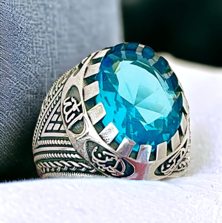 Men shia islamic ring Aqua Zircon 925 silver ehlibeyt Hasan Hussein Ali ...