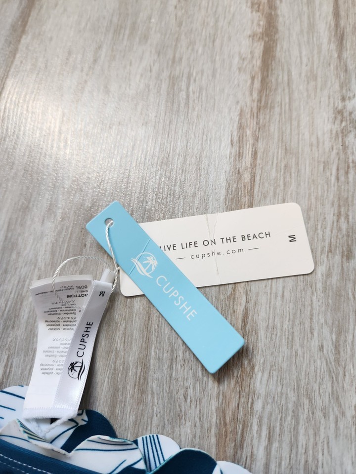 NWT Cupshe High Rise Bikini Swim Bottoms Blue White Tropical Scallop ...