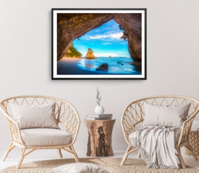 Rock Cave Print, Sea Wall Art, Cloudy Sky View Framed Beach Wall Art ...