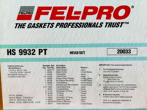 Engine Head Gasket Set Fel-Pro HS 9932 PT FOR MITSUBISHI DODGE SOHC ...